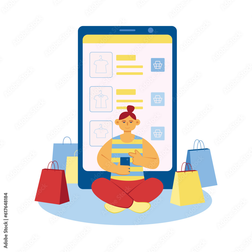 Cartoon girl chooses clothes in mobile phone. Online shopping ...