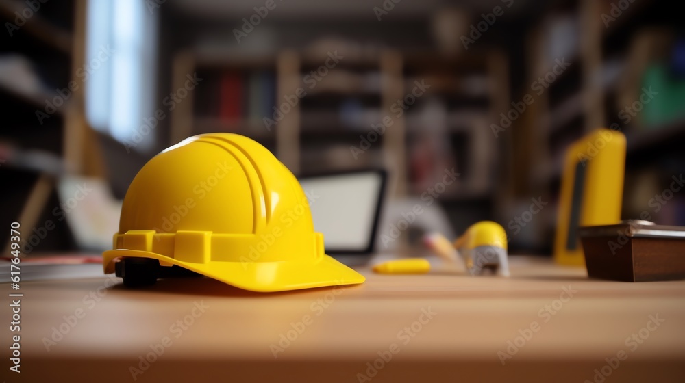 Hard hat on top table, illustration for product presentation template ...