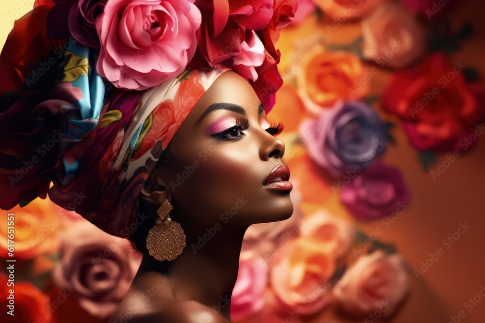 Black woman in African turban, flower background, floral aesthetic ...