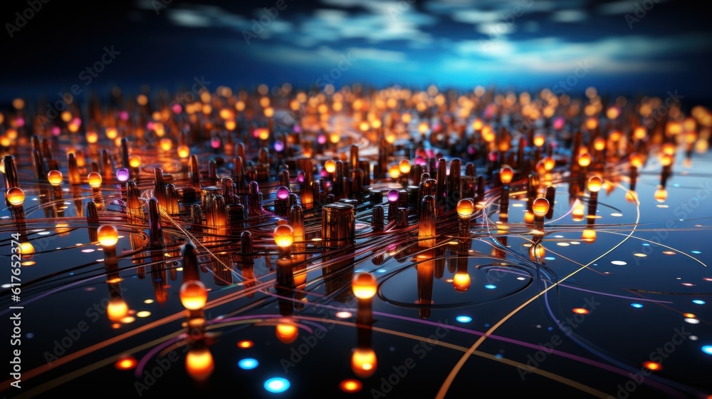 A virtual circuit diagram depiction in an abstract image. Thin lines ...