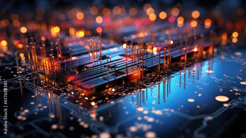 A virtual circuit diagram depiction in an abstract image. Thin lines ...