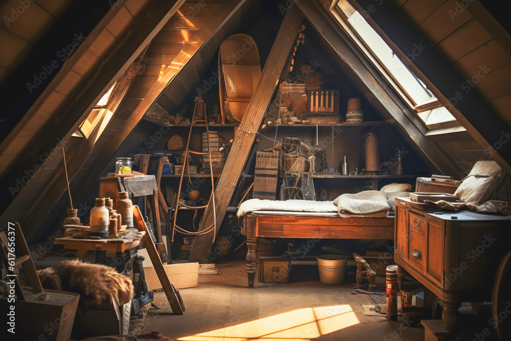 an interior of attic room with a sweet, cozy and cute color Stock ...