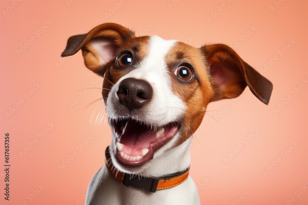 Portrait of puppy with shocked smiling face, funny face, close up photo ...