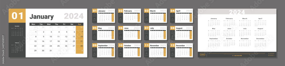 Set of 2024 Calendar Planner Template. Vector layout of a wall or desk ...