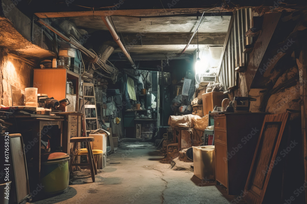 an old, cluttered basement with stone walls, wooden beams, and a single ...