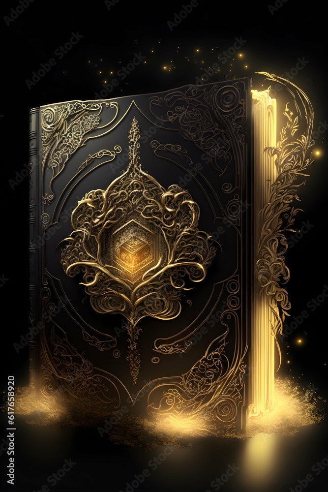 a golden book with hyper intricate filigree details and a front view of ...