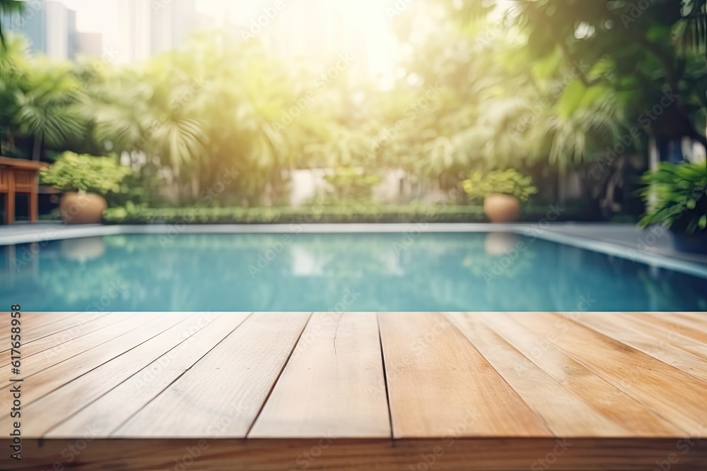 Abstract pool ambiance. Blurred pool background with wooden table for ...