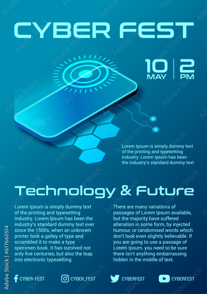 Blue layout futuristic flyer template for cyber fest. Futuristic poster ...