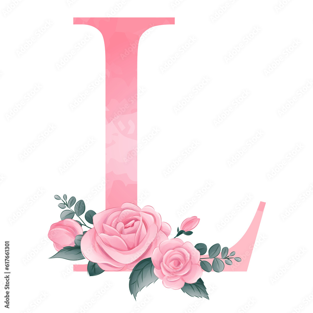 Alphabet L with pink roses watercolor illustration Stock Illustration ...