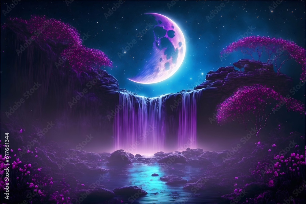 big waterfall at night many flowers on the rock the crescent moon glows ...
