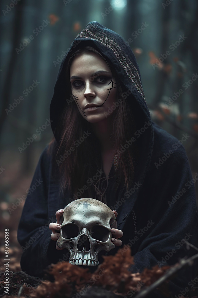 Realistic witch woman in a cape with a hood and a skull in her hands ...