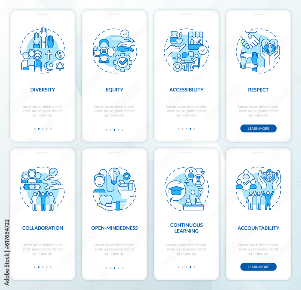 Elements Of Inclusion Blue Onboarding Mobile App Screen Set Walkthrough 4 Steps Editable