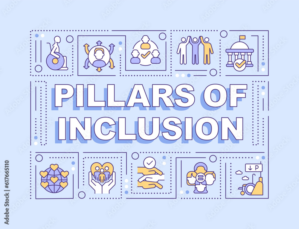 Pillars of inclusion word concepts light blue banner. Equal opportunity. Infographics with ...