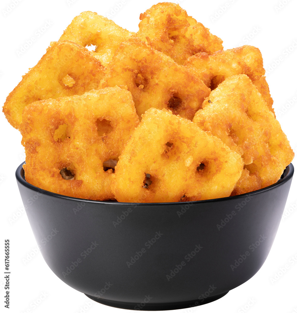Hash Browns in black bowl isolated on white background, Crispy Hash ...