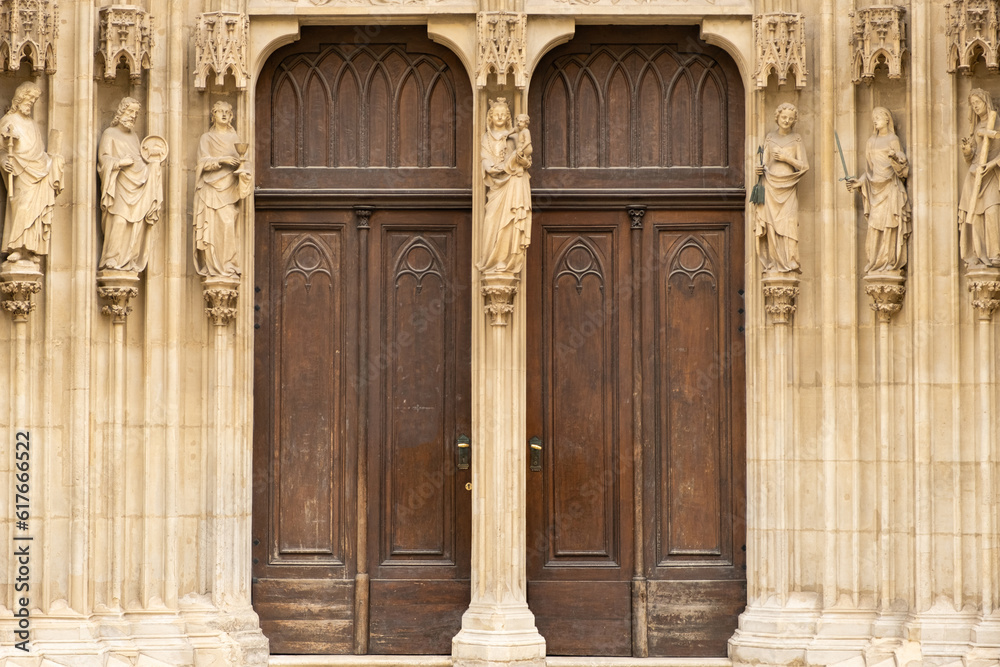 Temple architecture of Vienna in Austria. Images of saints on the walls ...