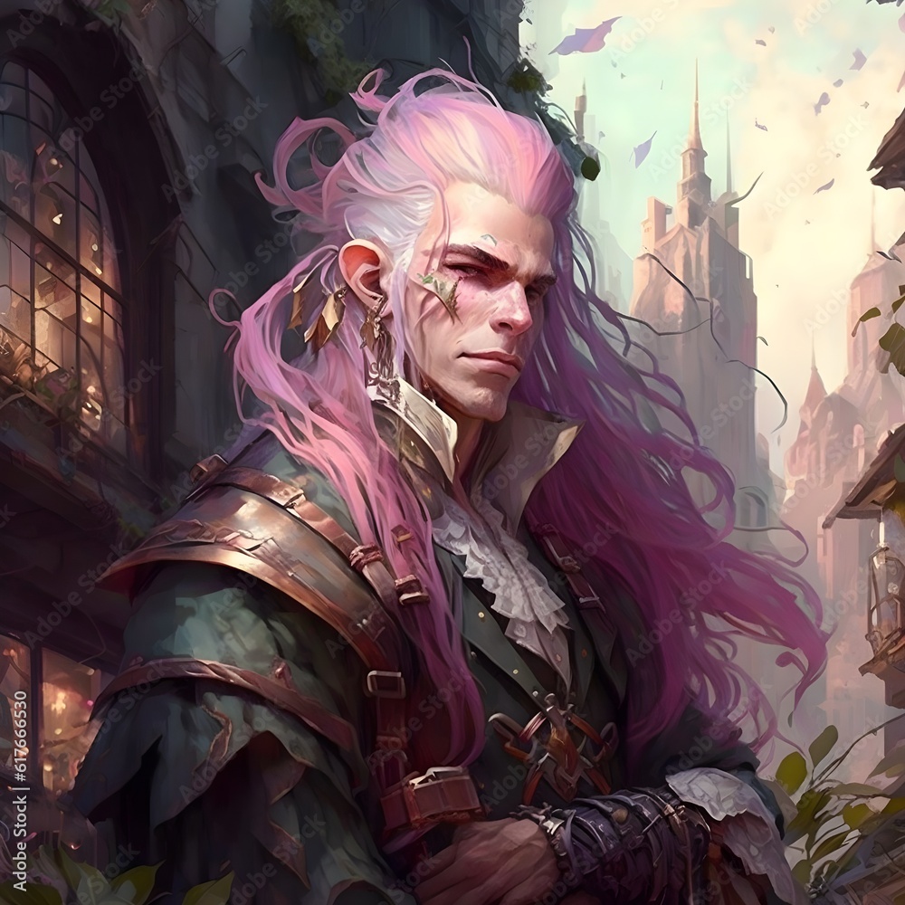male magic beeing witch elemental noble pointy ears white to pink hair ...