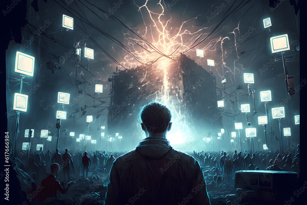 crowd of TVs is connected by chaotic bursts of discharges from a Tesla ...