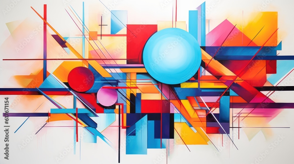 A 2D abstract artwork using geometric shapes and vibrant colors to ...