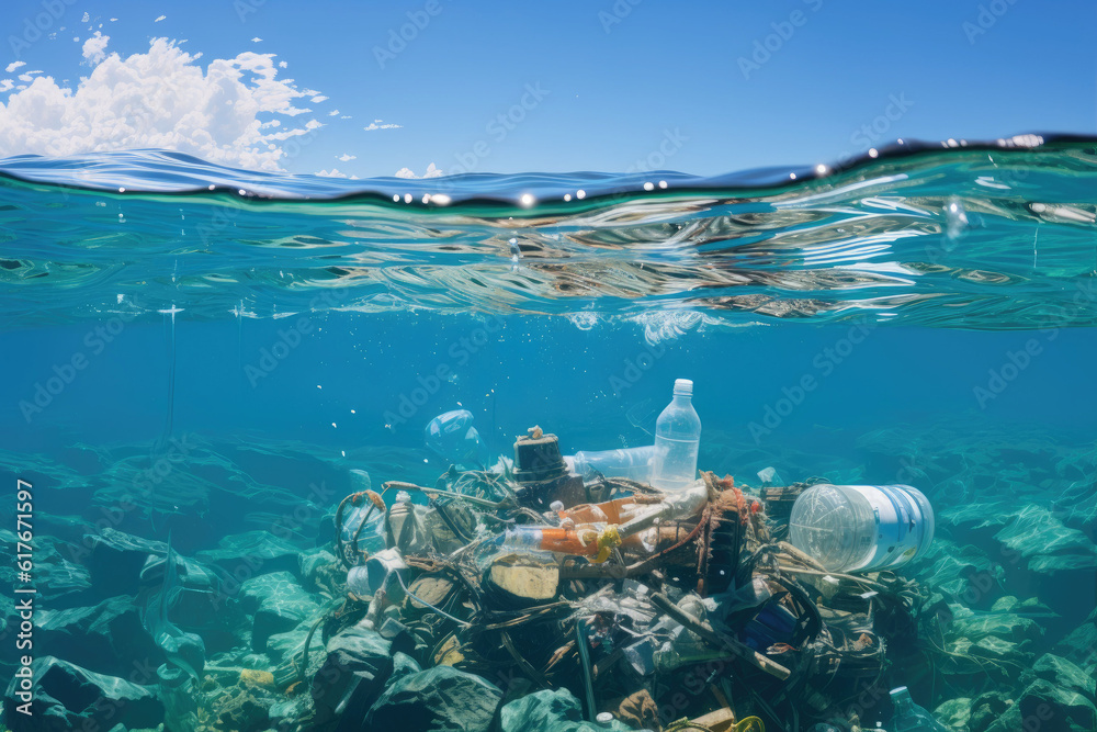 The image depicts the distressing sight of a polluted underwater ...