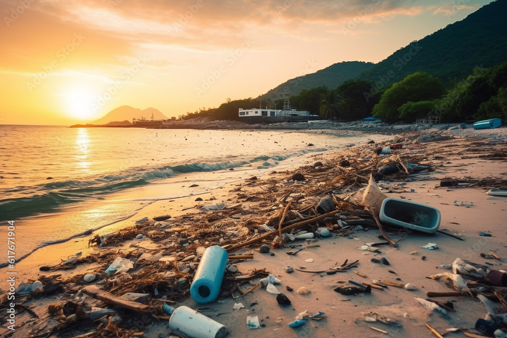 Paradise beach littered with garbage, plastic and trash. View in sunset ...