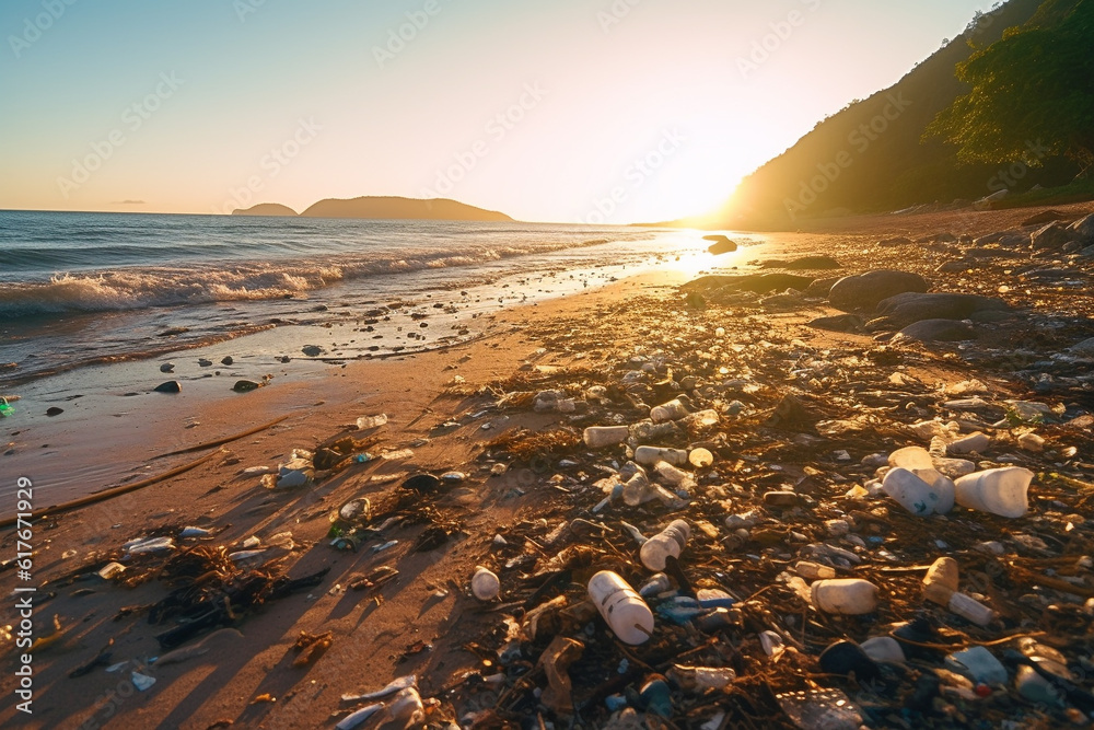 Paradise beach littered with garbage, plastic and trash. View in ...