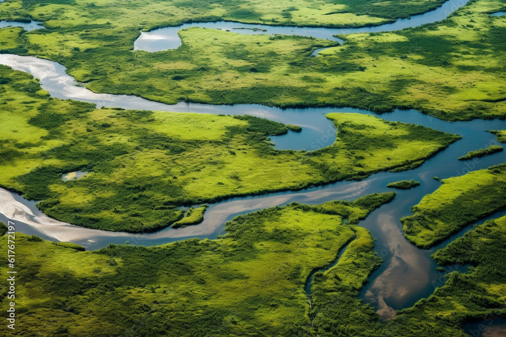 The river delta as seen from an aerial shot. The bends and curves ...