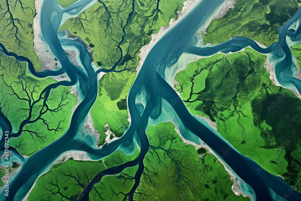 The river delta as seen from an aerial shot. The bends and curves ...