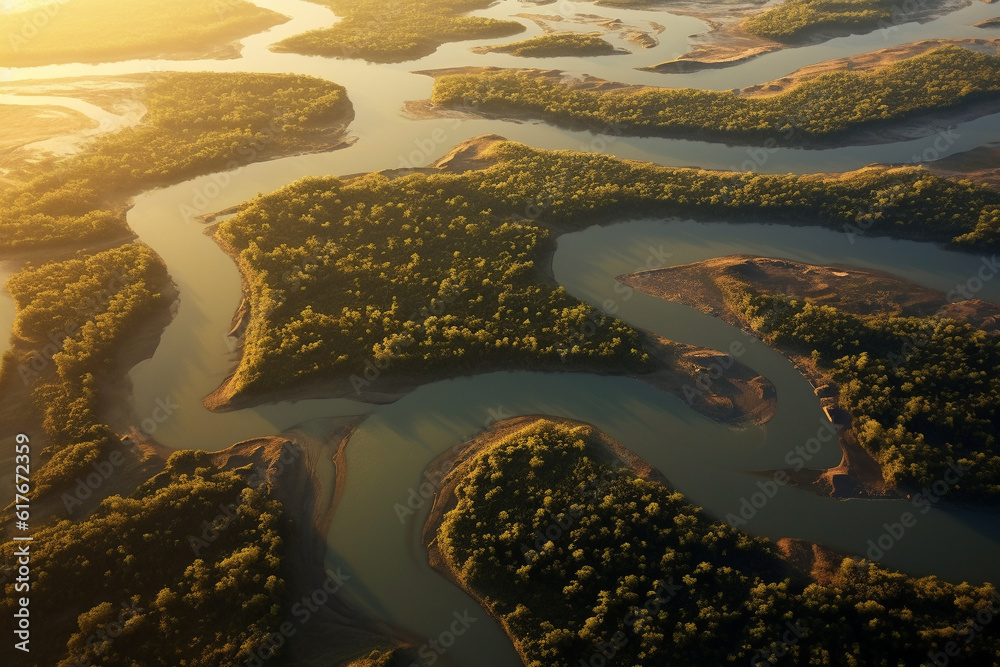 The river delta as seen from an aerial shot. The bends and curves ...