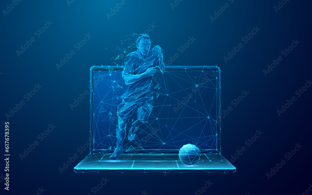 Abstract Soccer Player Runs Out of the Laptop Screen. Cybersport or ...
