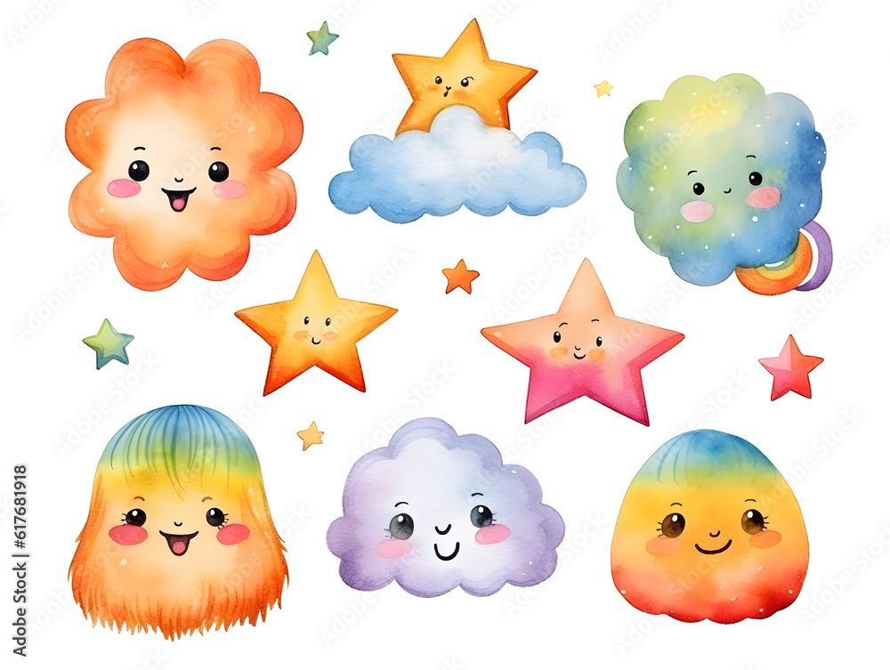 Collection of Cute rainbow clipart with cartoon style watercolor stars ...