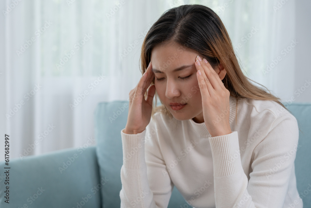 Headache, female having migraine pain, bad health, Asian woman feeling ...