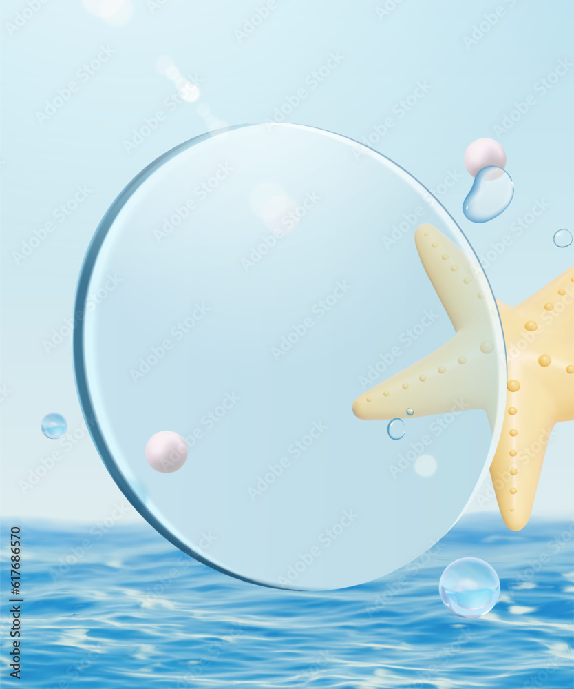 Ocean theme glass disk background design. Composition of round glass, pearls, dewdrop, and ...
