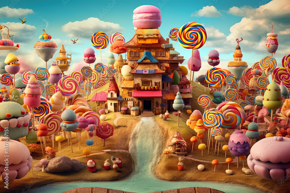 Cartoon fantastic candy land landscape with sweet castle. Generative AI ...
