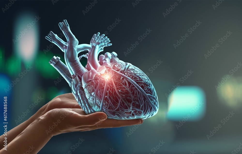 AI generated illustration of a hand holding a human heart on a blurry ...