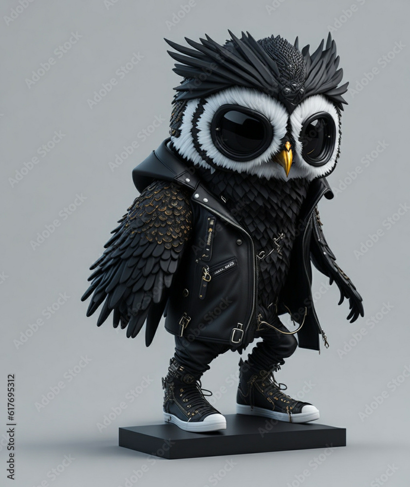 isometric view of a MINI cute hyperrealistic punks owl wearing punk ...