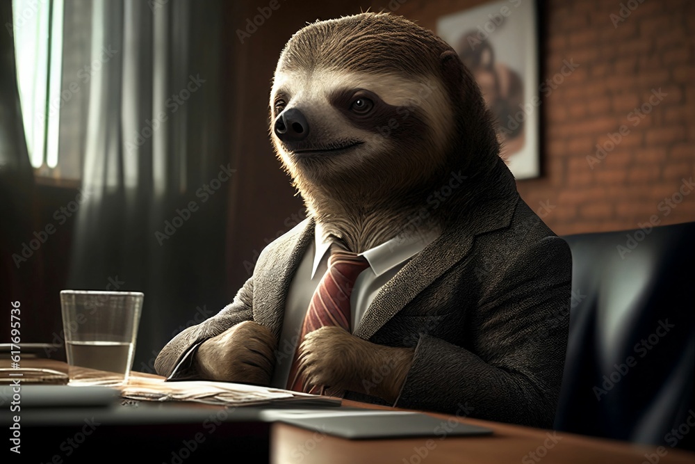 AI generated illustration of a sloth dressed in a professional business ...