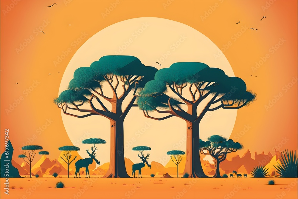 2d flat vector solid background baobabs cartoon sunny day minimalist ...