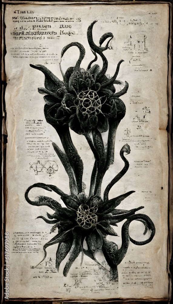 Full page scan of 1800s detailed Mutant flower with tentacles Voynich ...