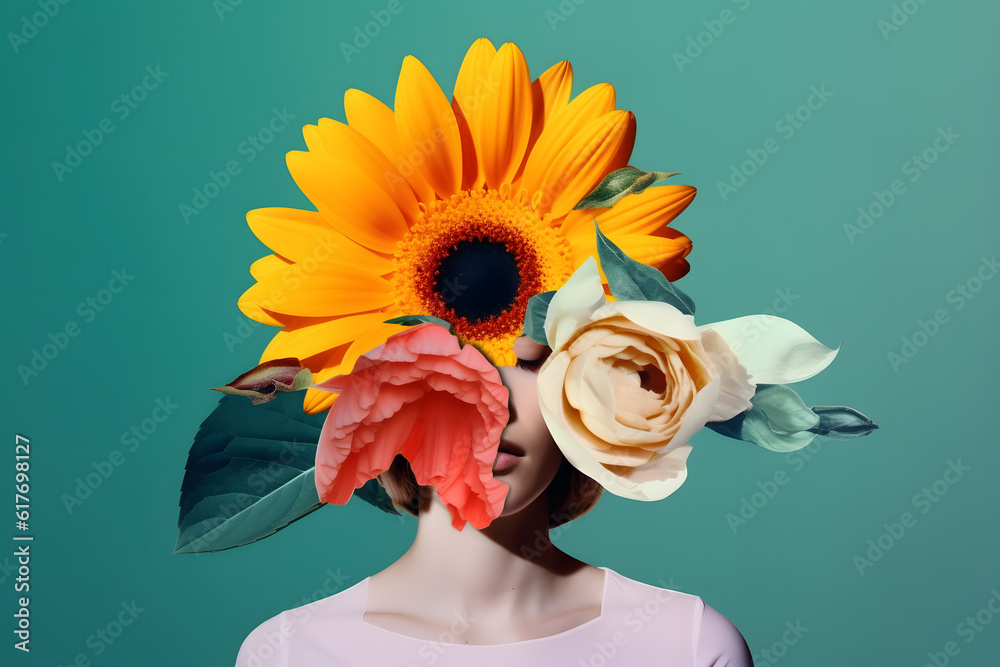 Woman portrait with summer flowers covered face head modern conceptual ...
