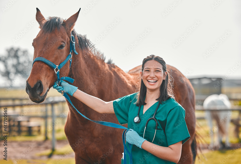 Horse, woman veterinary and portrait outdoor for health and wellness in ...