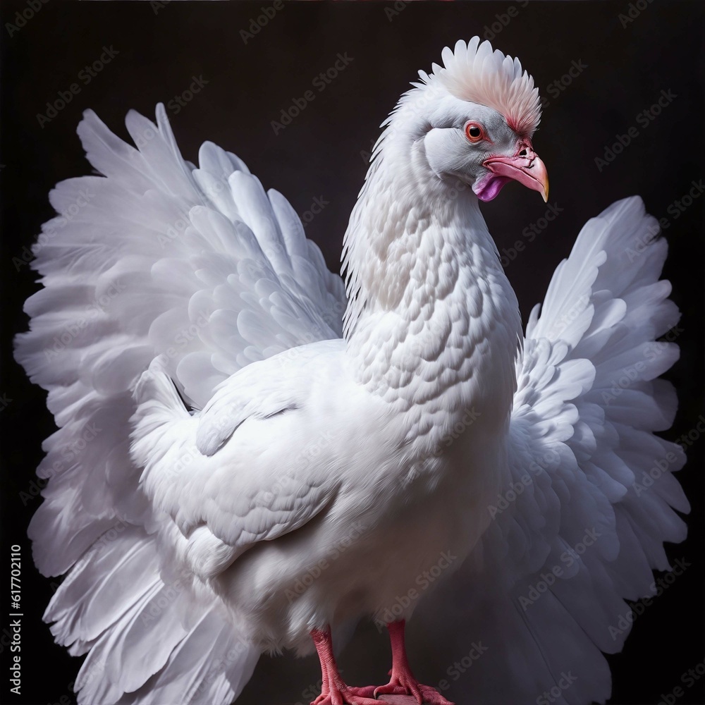 The beautiful white hen with light pink color beak, wattle and comb ...