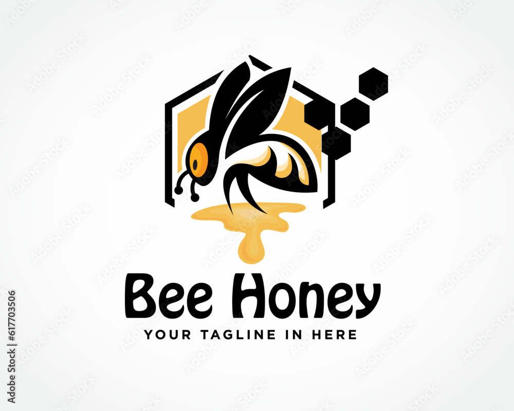 bee at hexagonal cells honey melt logo design template illustration ...