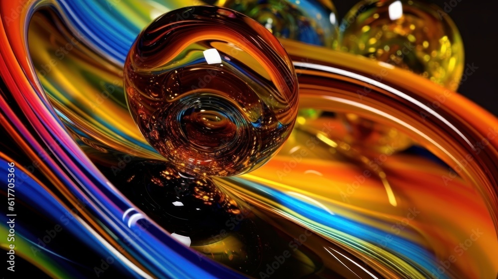 Liquid colors swoosh in a transparent orb and bubbling glass spinning ...