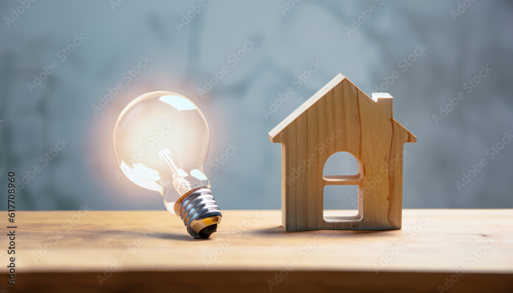light bulb with wooden house on the table a symbol for construction ...