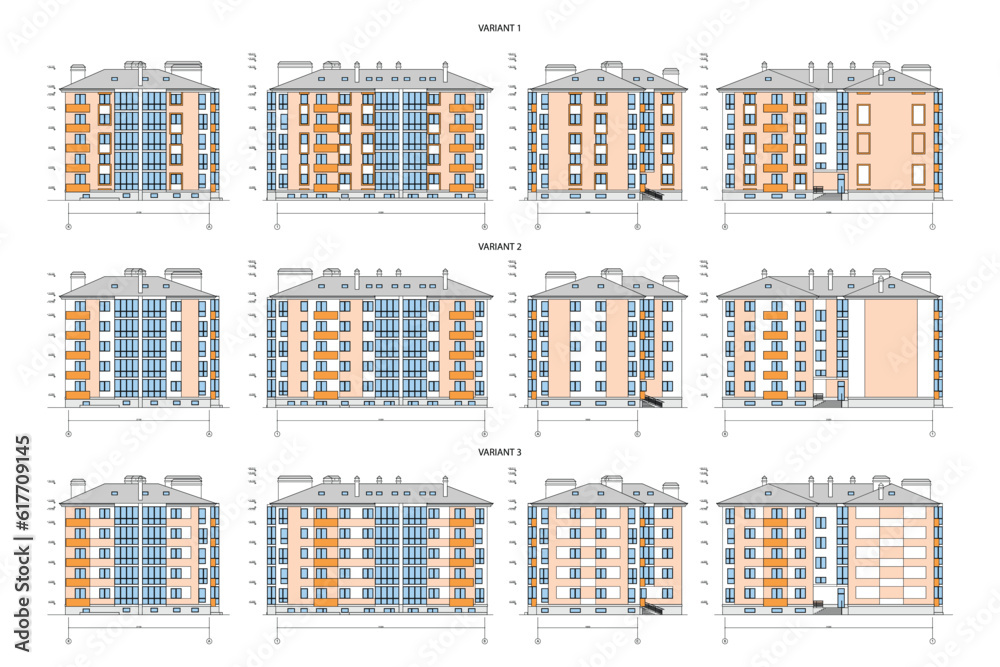 Vector architectural project of a multistory building facade variants ...