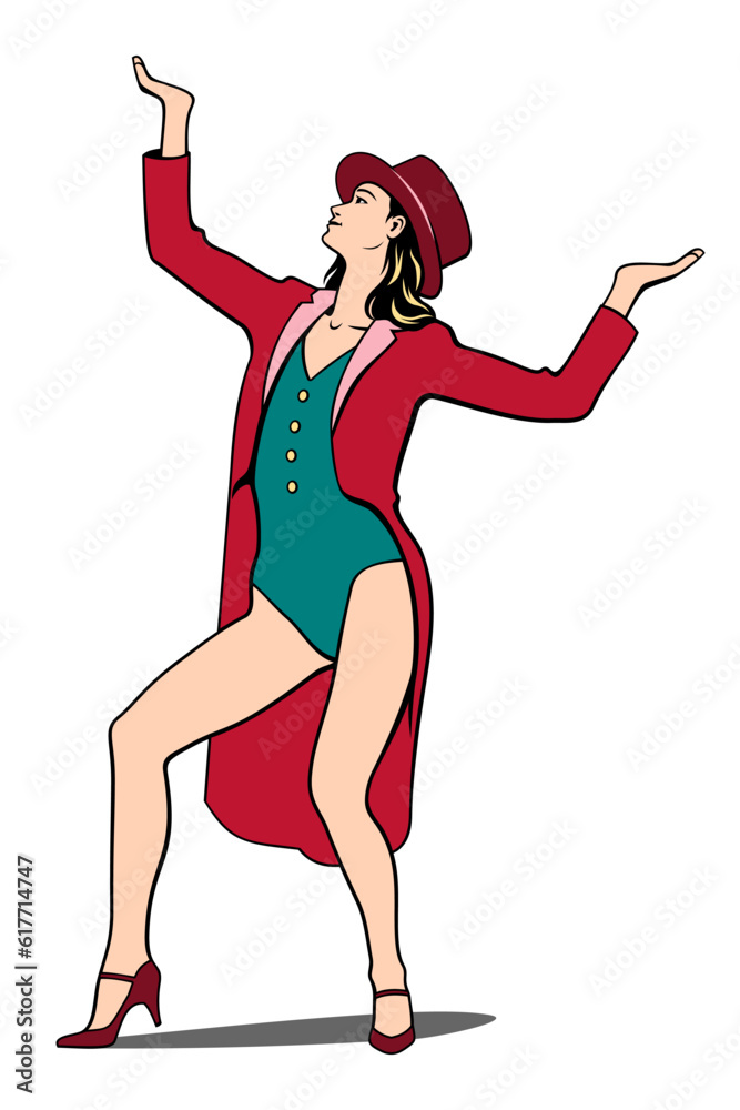 Showgirl. Woman in tailcoat and top hat dancing. Realistic cartoon ...