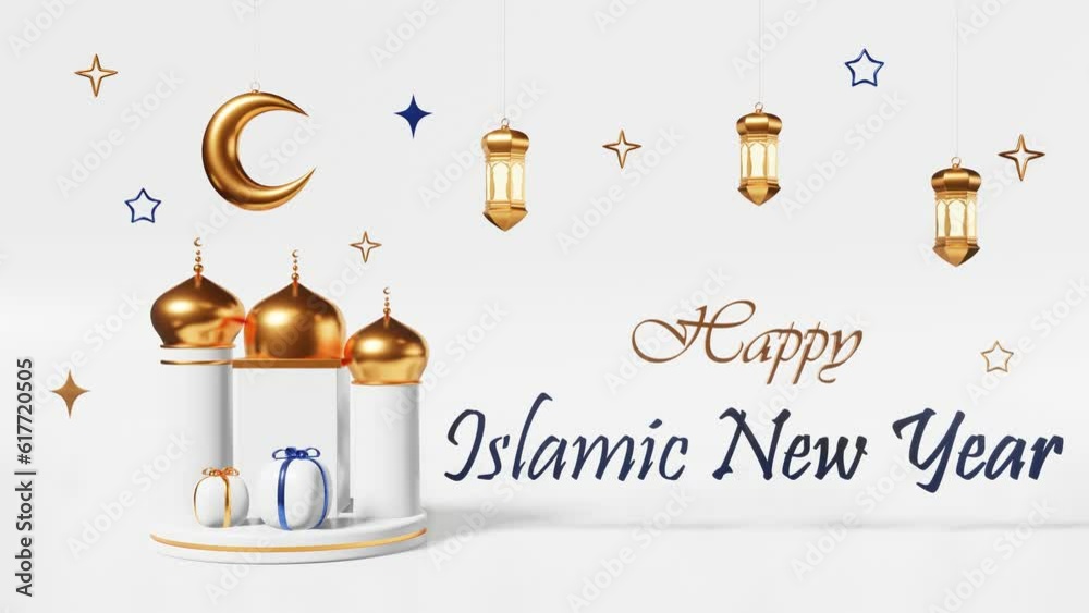 Happy Islamic New Year glowing light Golden Crescent Lanters Mosque ...