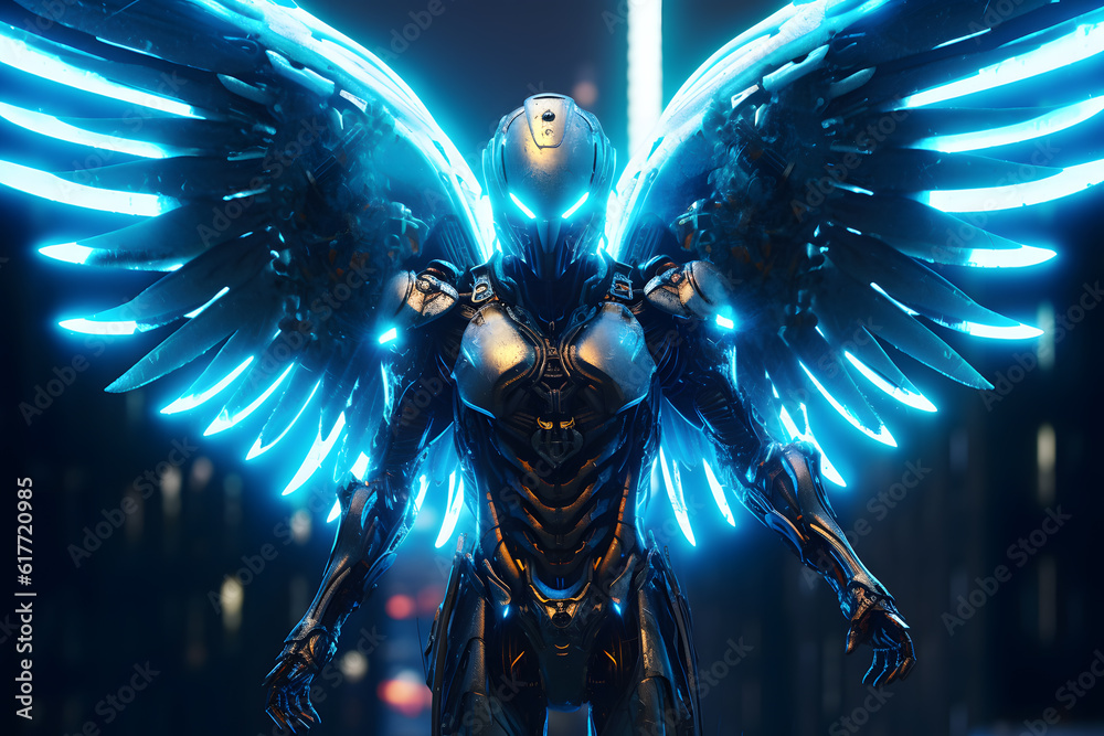 Cyborg robotic angel in menacing pose metallic neon blue wing standing ...