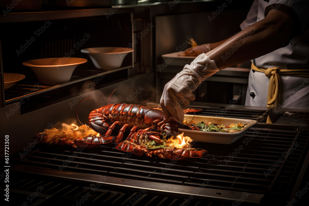 Chef cooking lobster in the restaurant kitchen. Restaurant menu concept ...