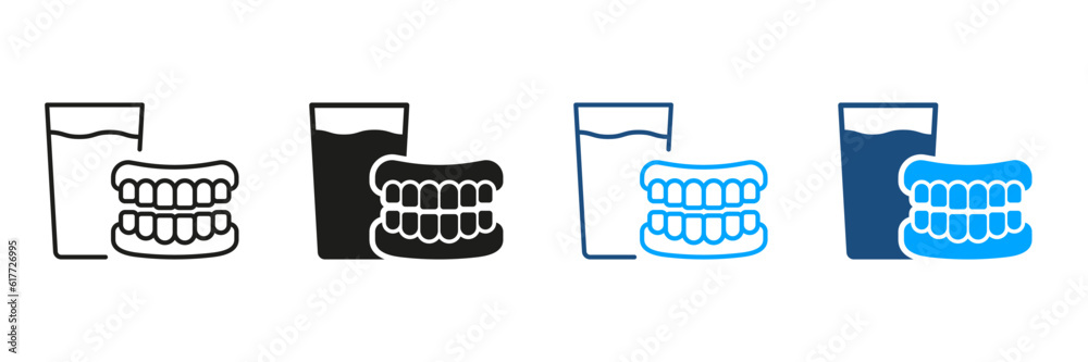 Denture with Glass of Water Silhouette and Line Icon Set. Medical ...